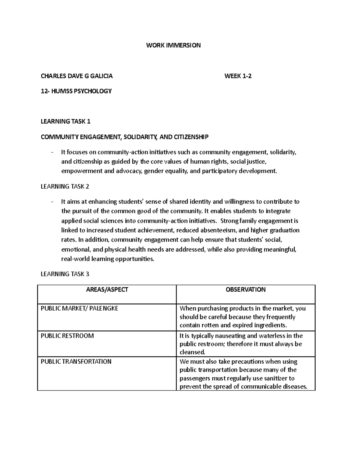 WORK Immersion WEEK 1-2 - WORK IMMERSION CHARLES DAVE G GALICIA WEEK 1 ...