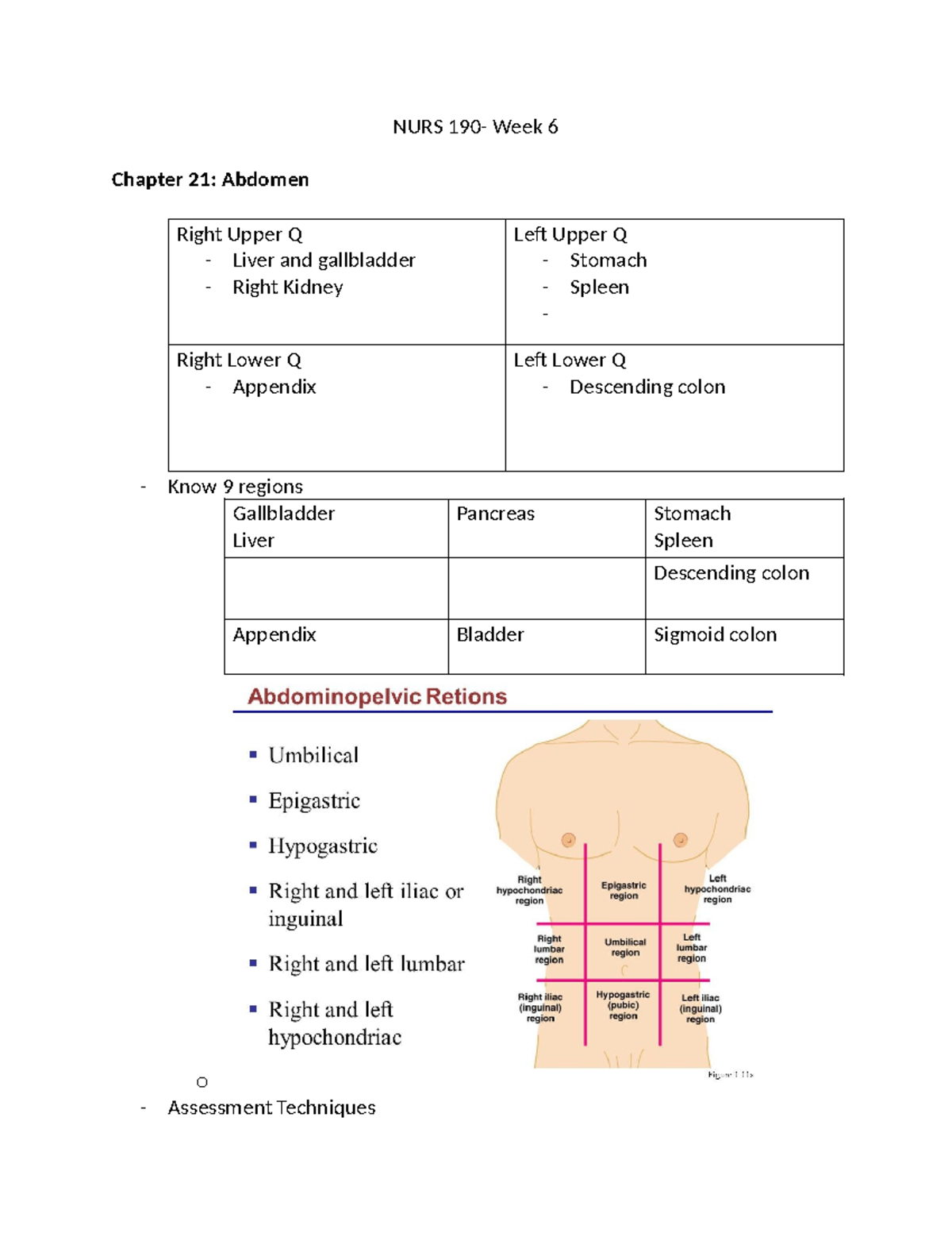 NURS 190 Week 6 - Weekly Notes - NURS 190- Week 6 Chapter 21: Abdomen ...
