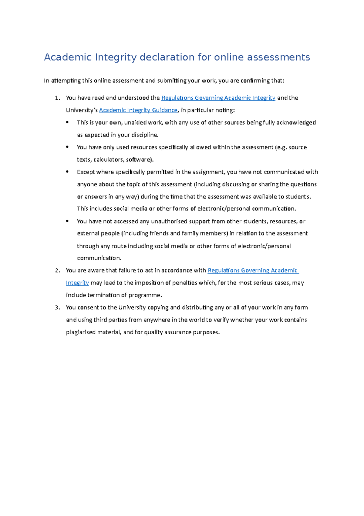 exam comparing welfare - Academic Integrity declaration for online ...