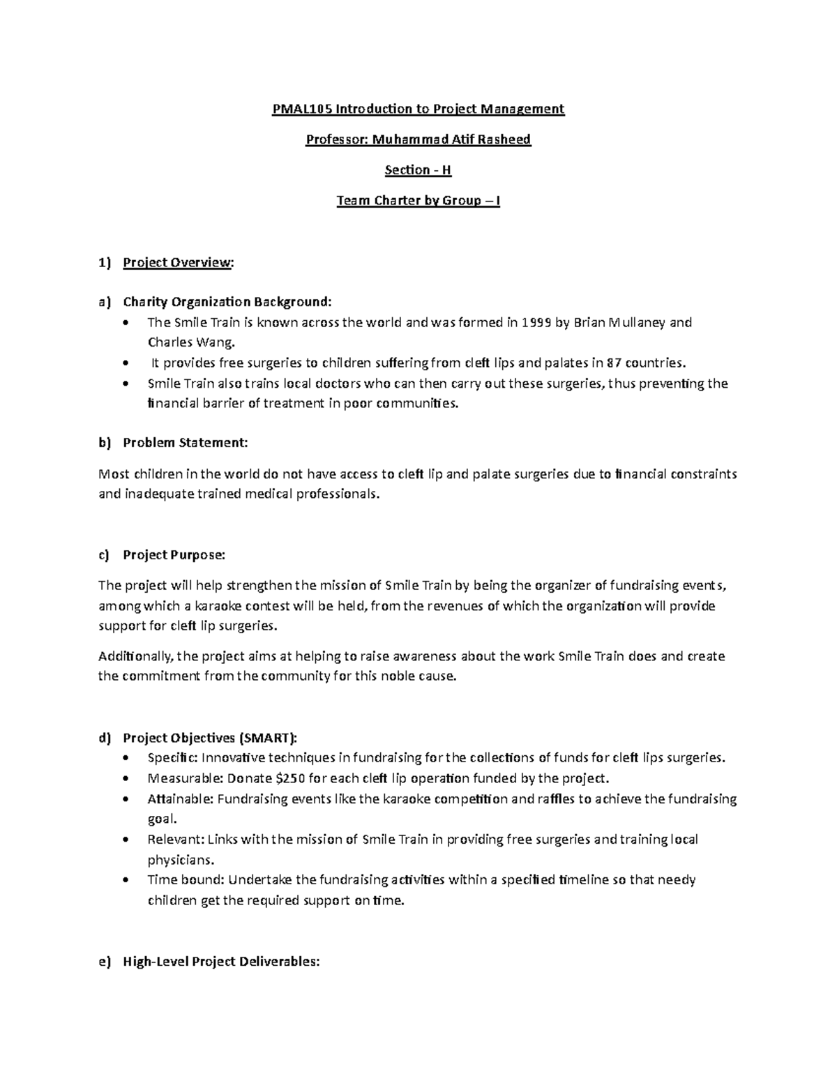 Team Charter 2 - PMAL105 Introduction to Project Management Professor: Muhammad Atif Rasheed ...