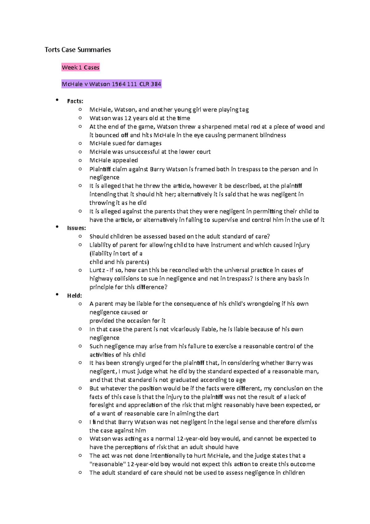 Torts Case Summaries Week 1 - Studocu