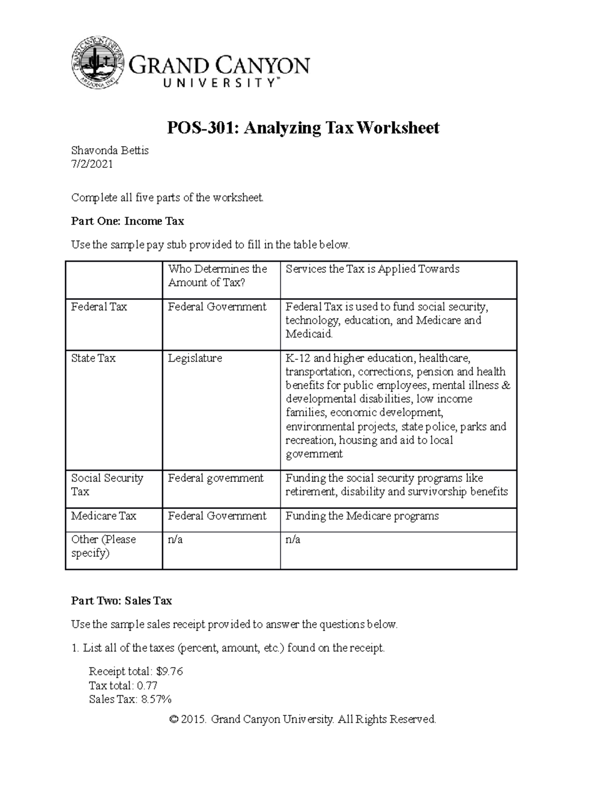 POS301 Week 7 assignment - POS-301: Analyzing Tax Worksheet Shavonda ...