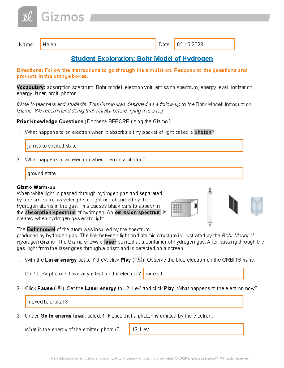 Copy of Bohr Model Hydrogen SE - Name: Helen Date: 02-15- Student ...