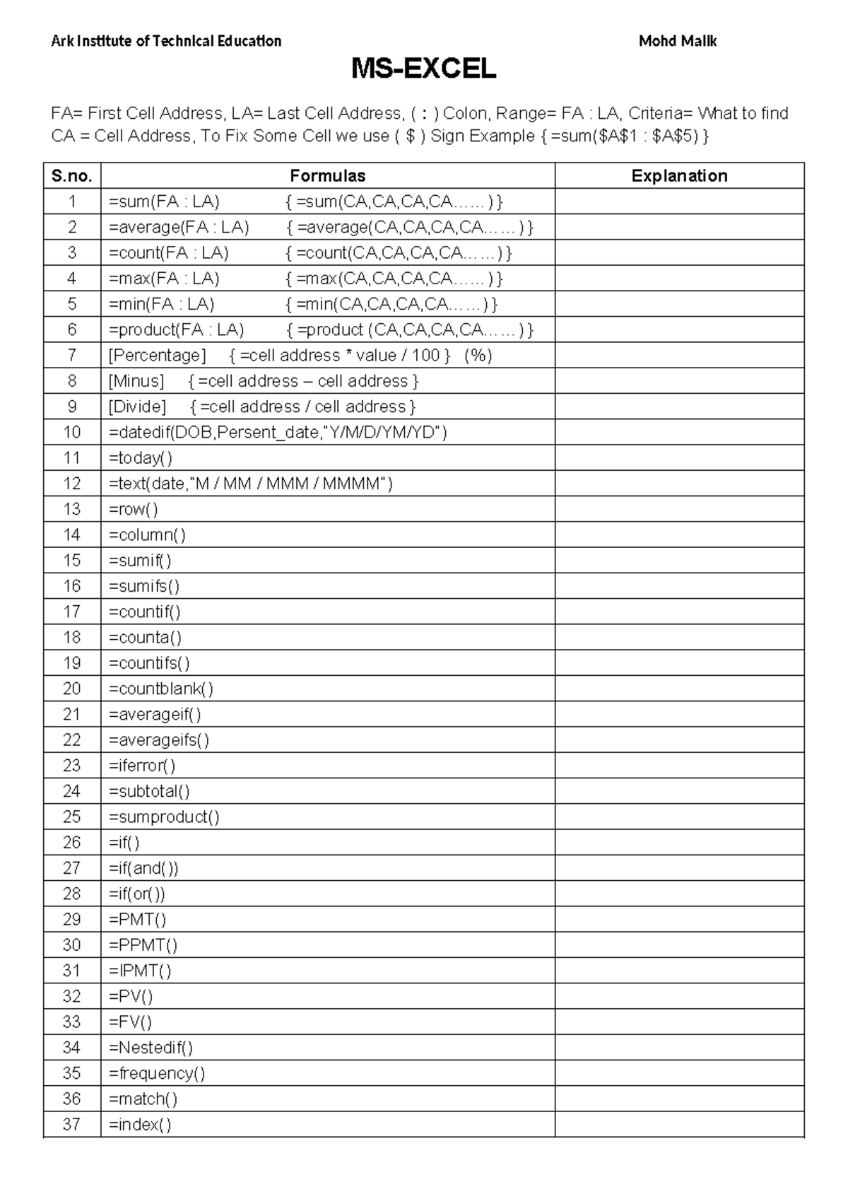 MS-Excel Formulas - Ark Institute of Technical Education Mohd Malik MS ...