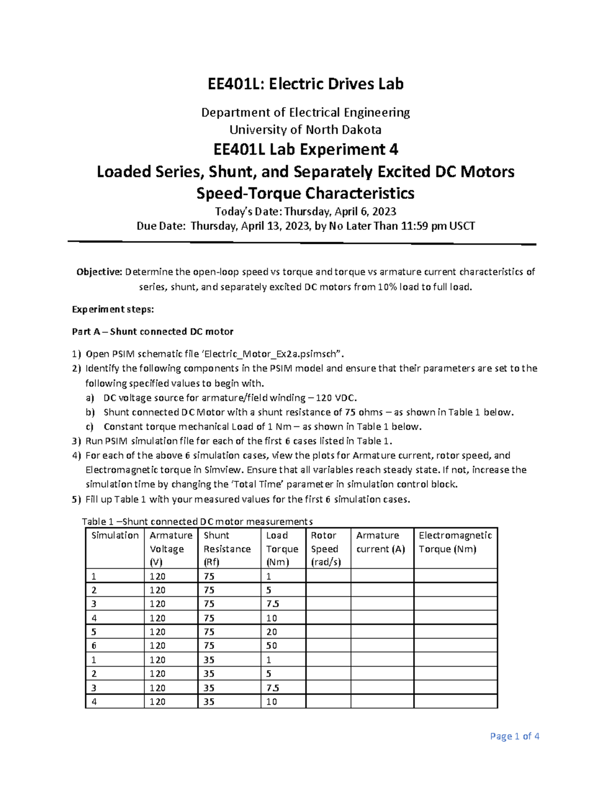 EE401 L Lab4-Spring 2024 - EE401L: Electric Drives Lab Department of ...