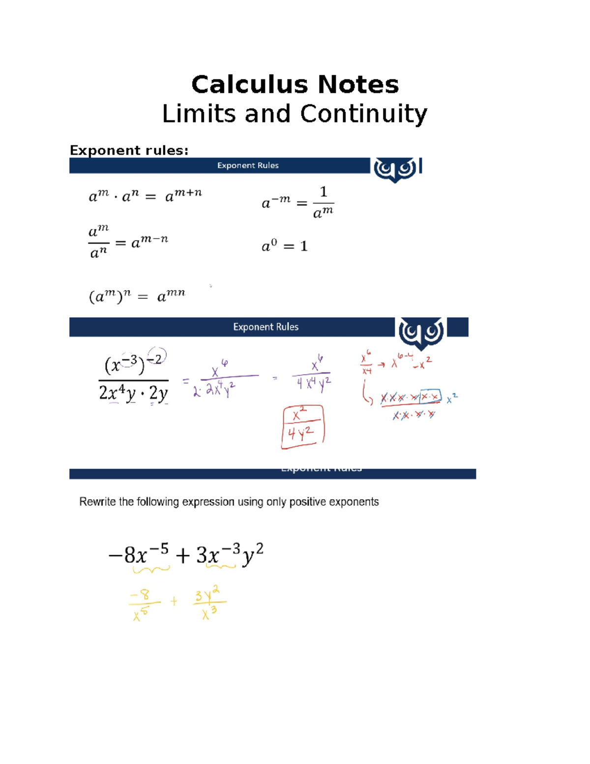 Calculus Notes - Calculus Notes Limits and Continuity Exponent rules ...