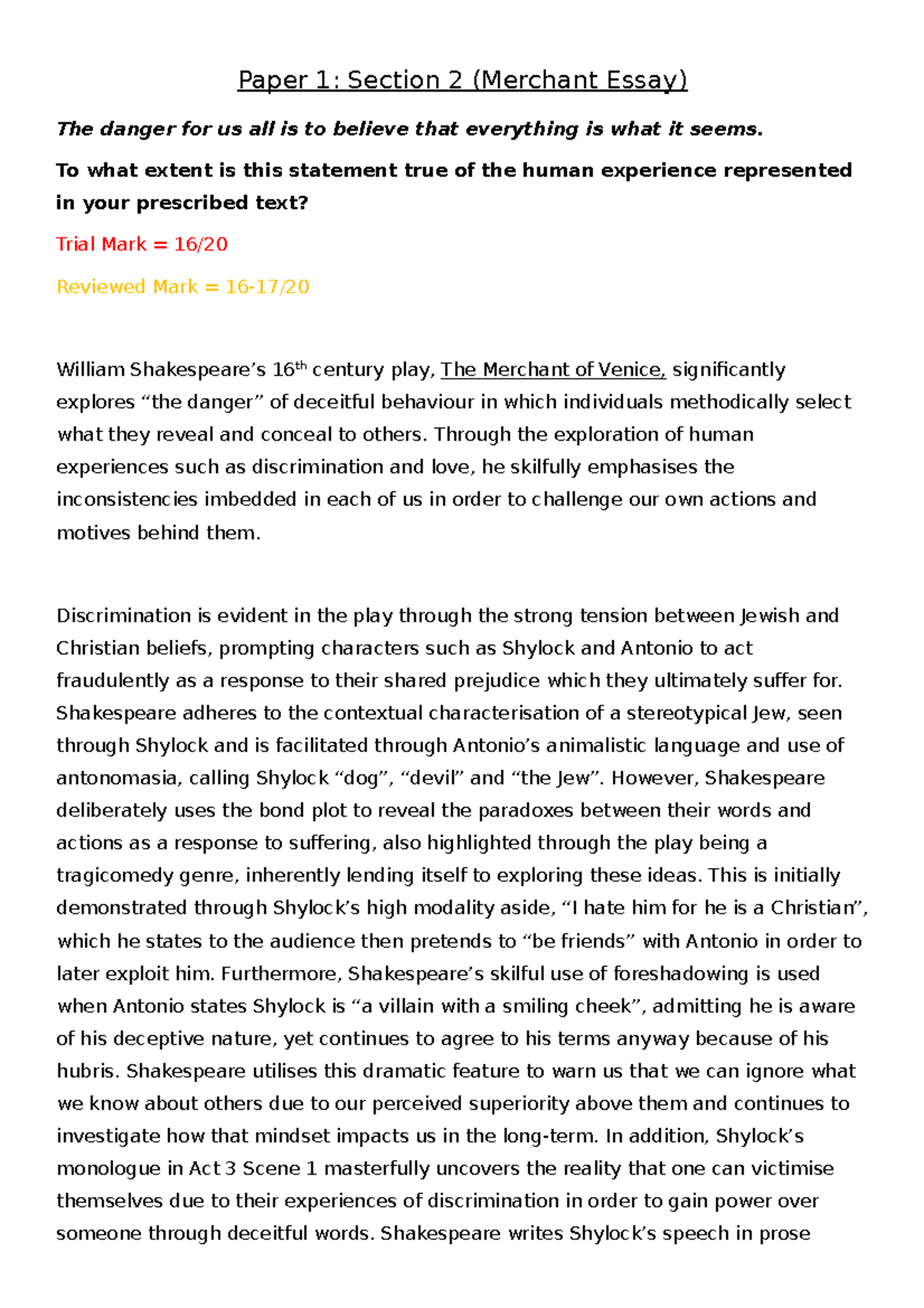 Merchant of Venice Trials 2022 Essay - Paper 1: Section 2 (Merchant ...