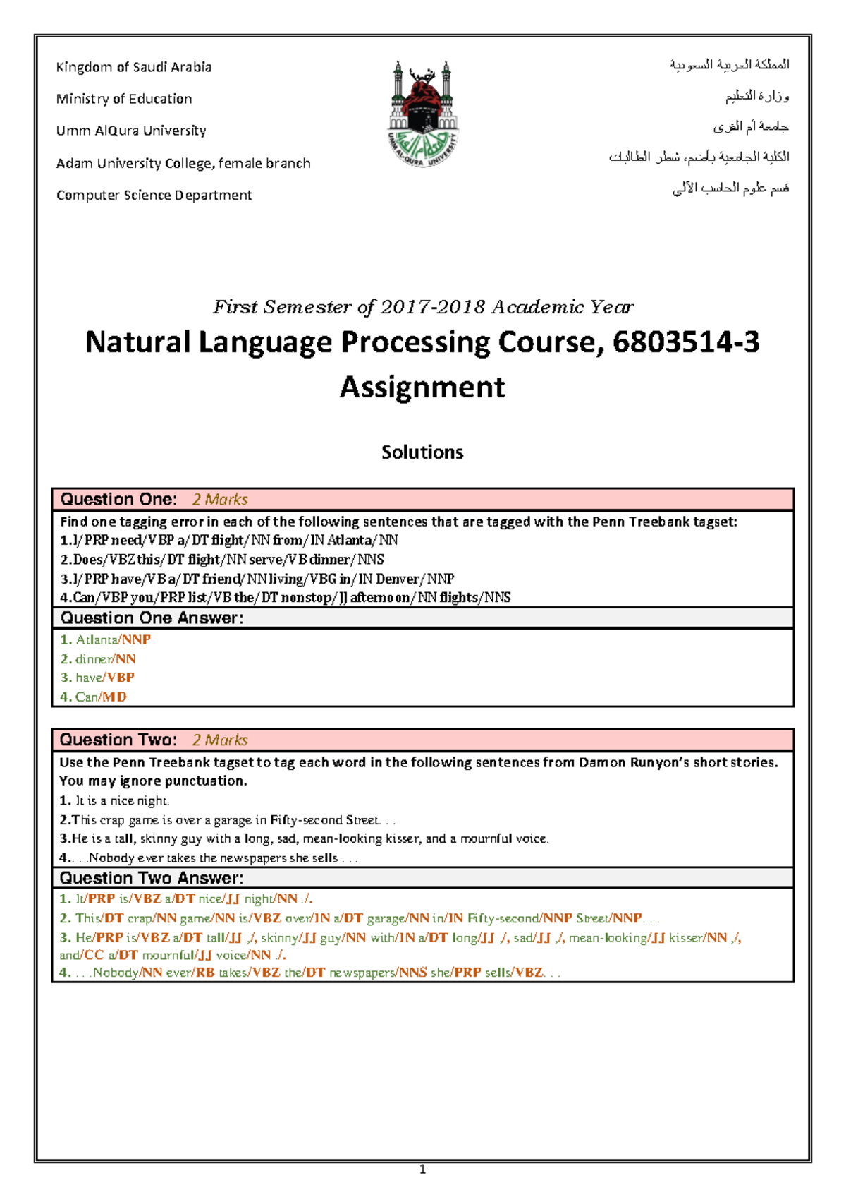 NLP Assignemnt - Solutions - 1 Kingdom of Saudi Arabia Ministry of ...