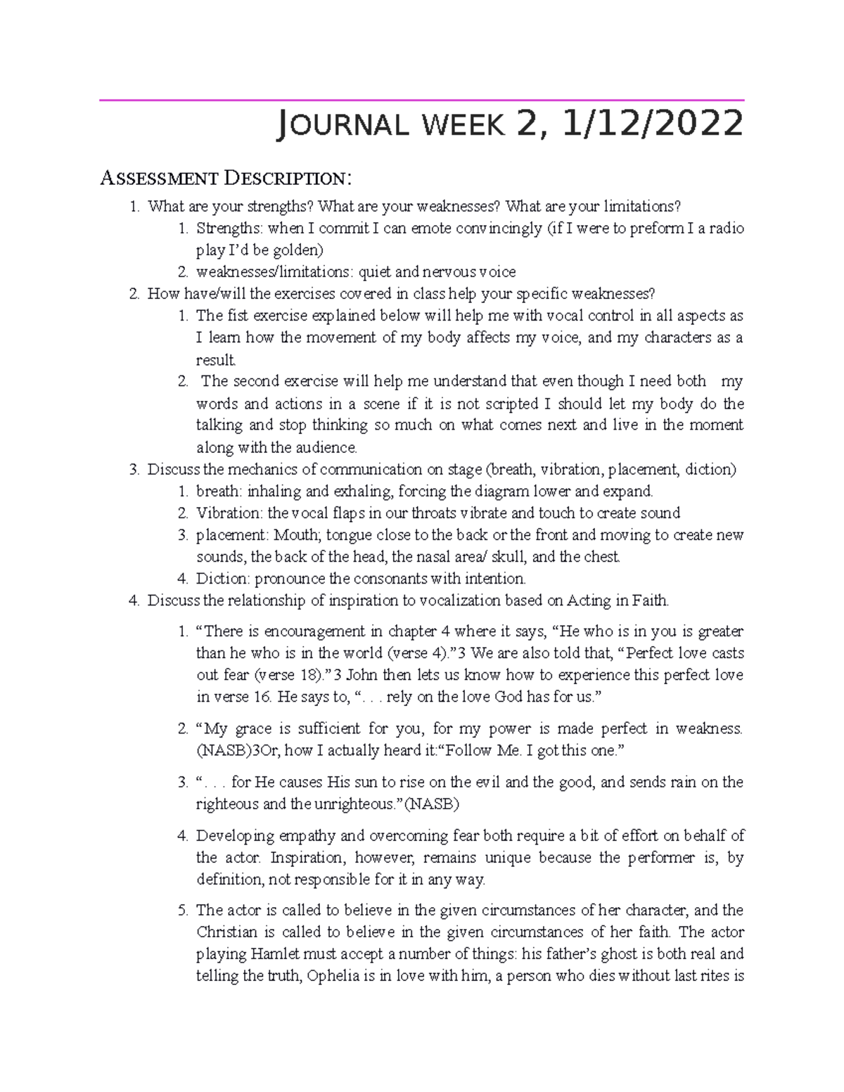 the third journal entry - JOURNAL WEEK 2, 1/12/ ASSESSMENT DESCRIPTION ...