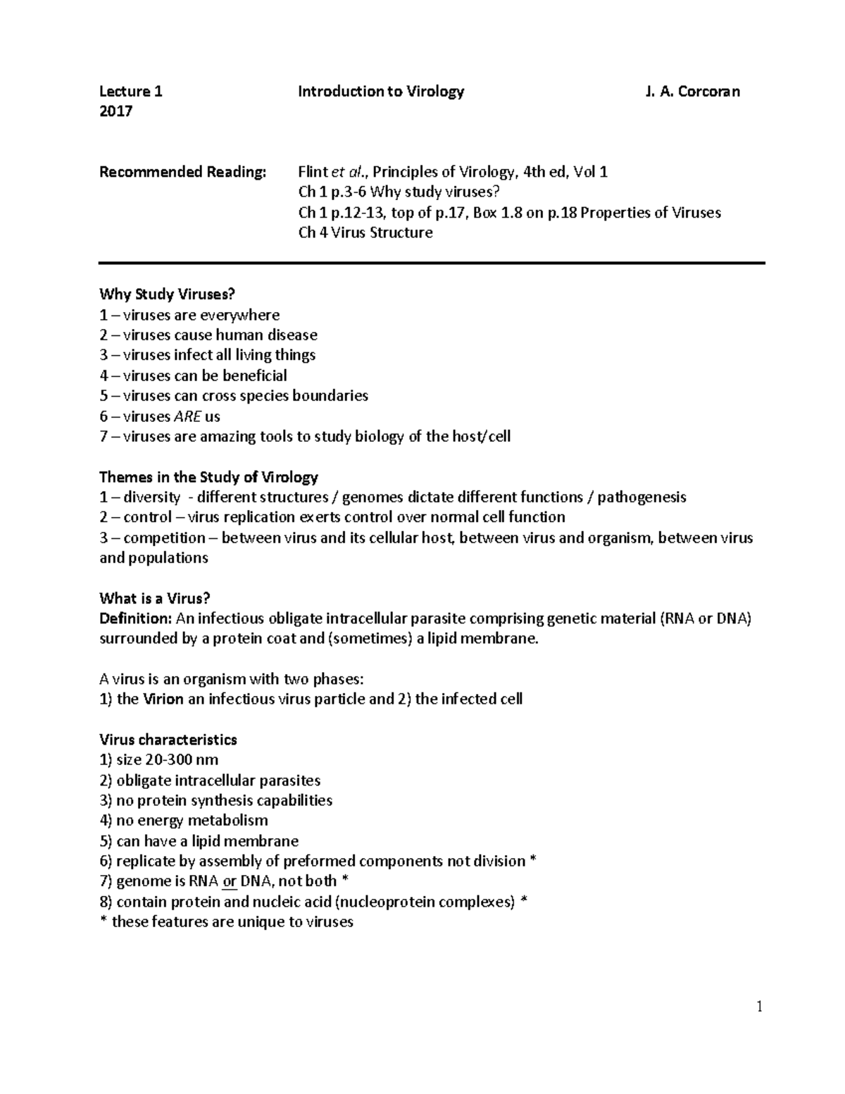 Virology Lecture 1 Notes - Lecture 1 2017 Introduction to Virology J. A ...