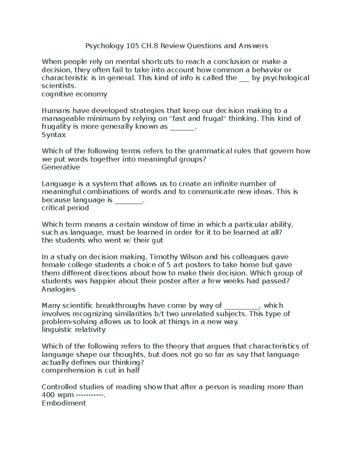 Ch.8 Review Questions - Psychology 105 CH Review Questions and Answers ...