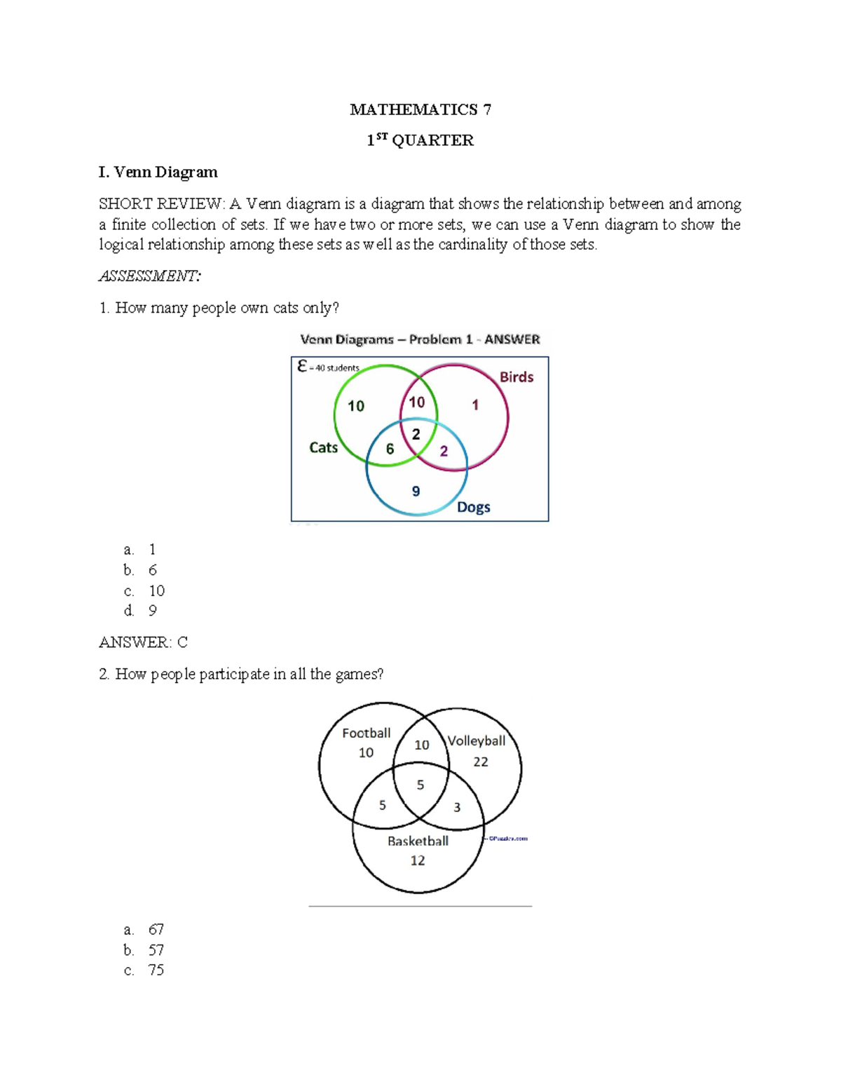 Mathematics 7 - goodluck - MATHEMATICS 7 1 ST QUARTER I. Venn Diagram ...