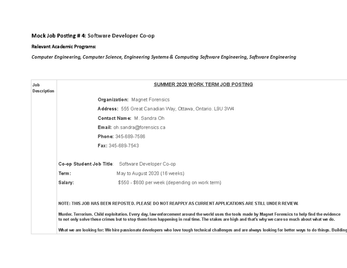 Mock Job Posting 4 - L9U 3W Contact Name: M. Sandra Oh Email: oh ...