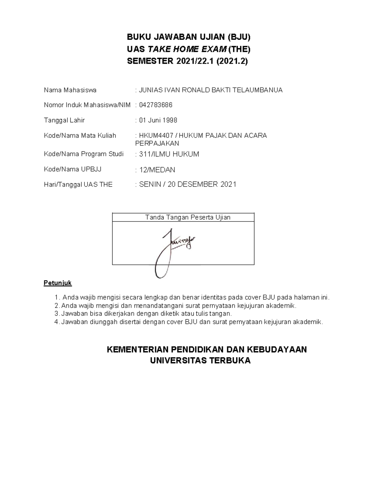 BJU Hukum Pajak dan Acara Perpajakan - Tanda Tangan Peserta Ujian BUKU JAWABAN UJIAN (BJU) UAS ...