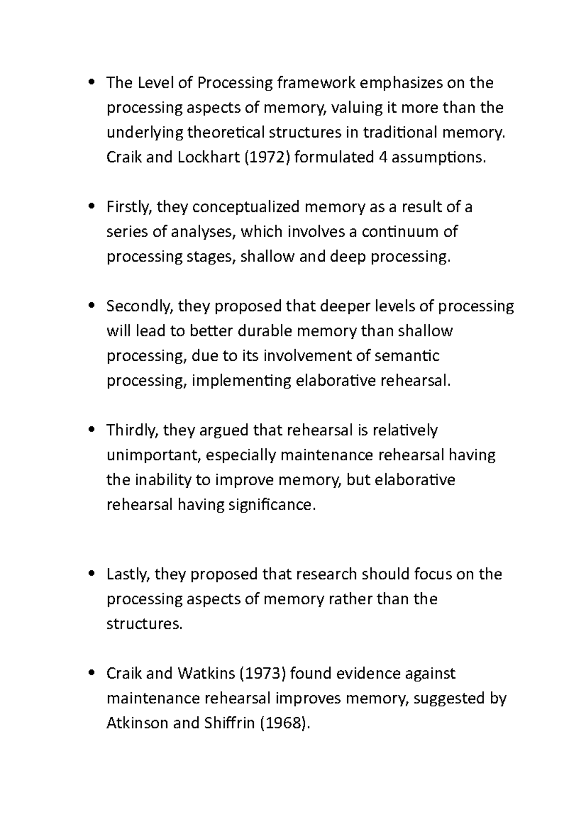 The Level of Processing framework - processing aspects of memory - The ...