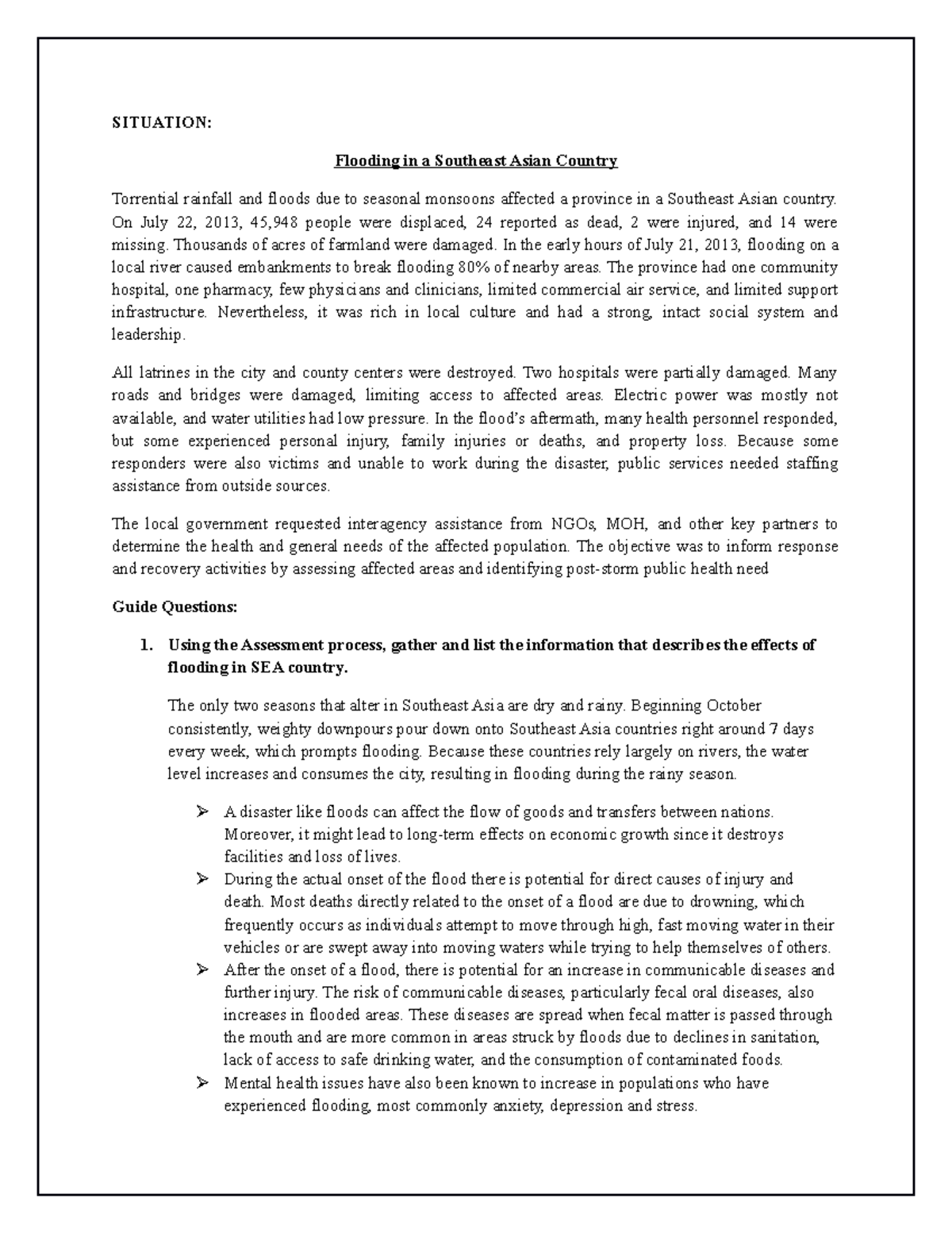 Disaster Nursing Flooding - SITUATION: Flooding in a Southeast Asian ...