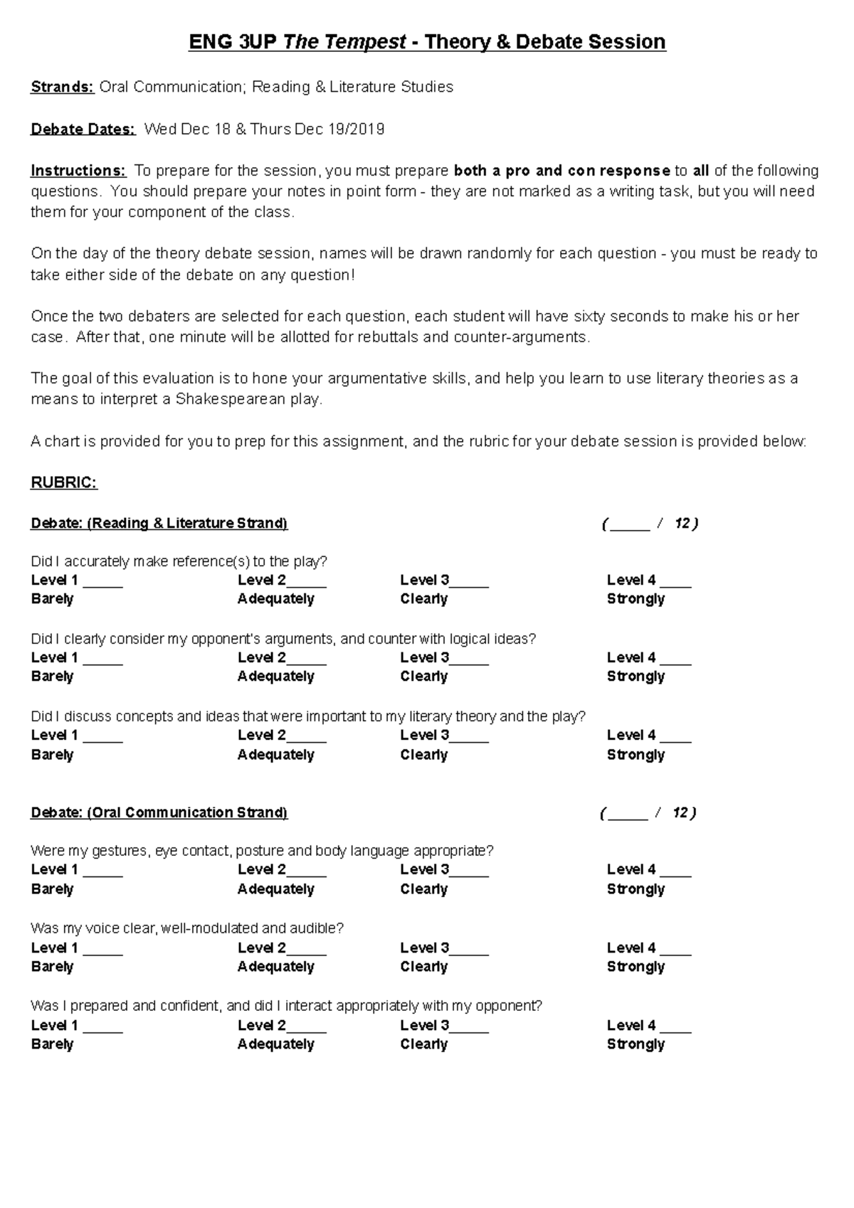 ENG 3UP-The Tempest - Theory & Debate Sessions - ENG 3UP The Tempest ...