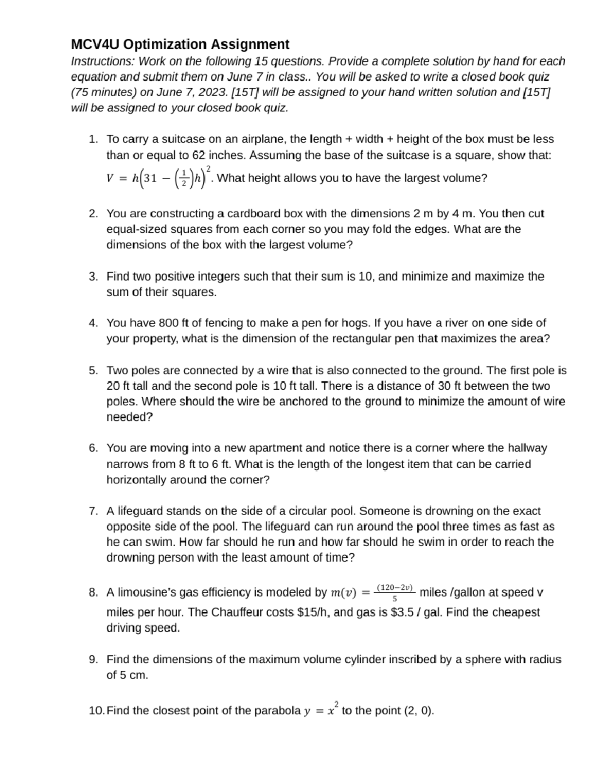 MCV4U Optimization Questions - Studocu