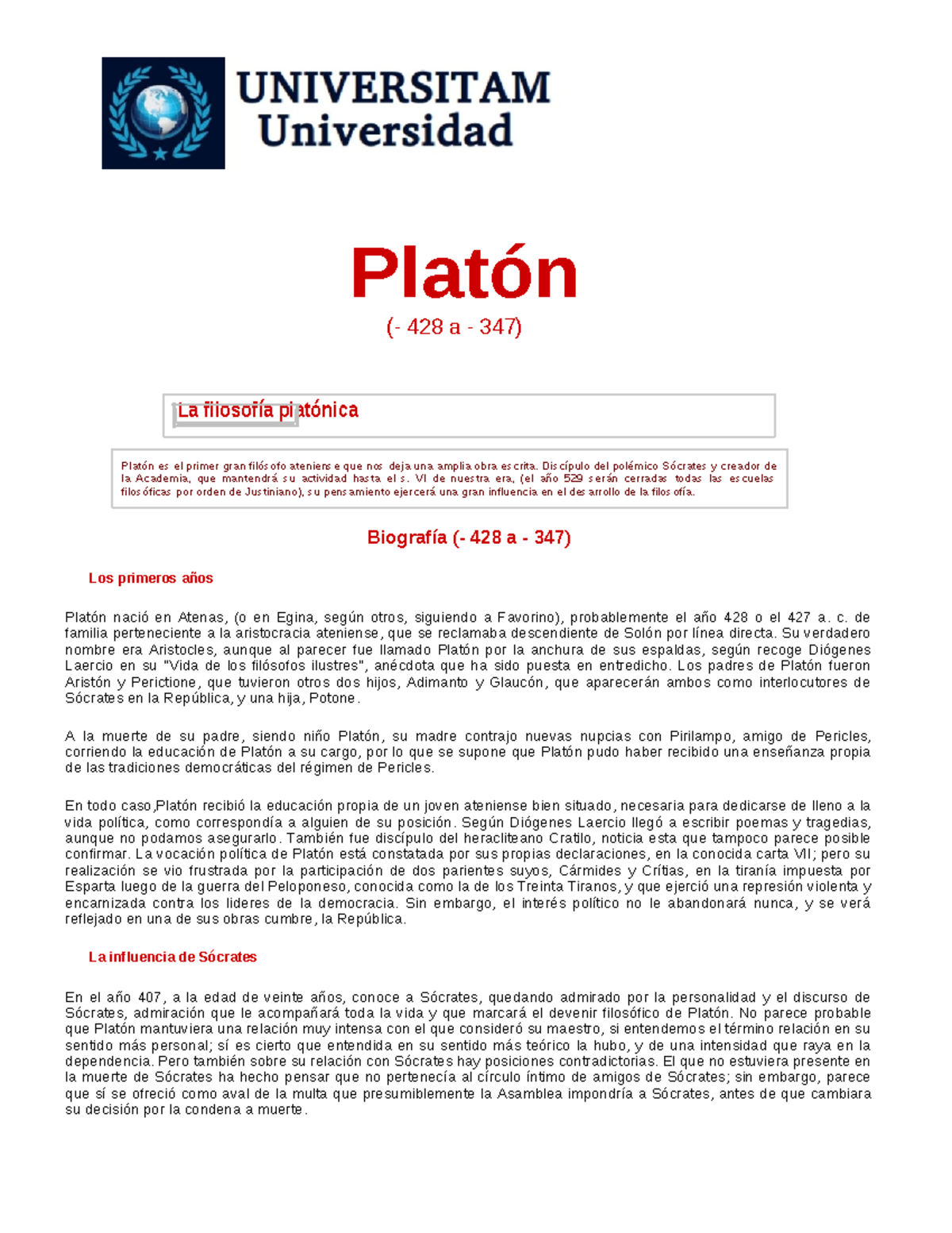 Lectura II Platón - filosofia - Platón (- 428 a - 347) La filosofía ...