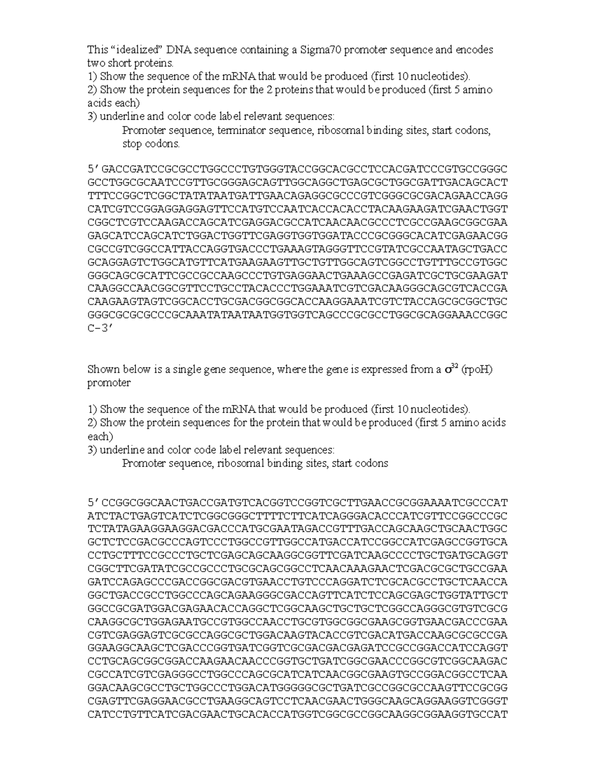 BIOM410 Transcription Homework 2022 - This “idealized” DNA sequence ...