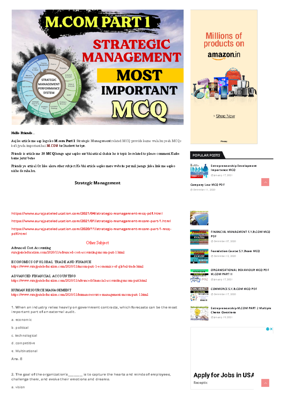 Strategic Management MCQ PDF - Hello Friends... Aaj ke article me aap ...