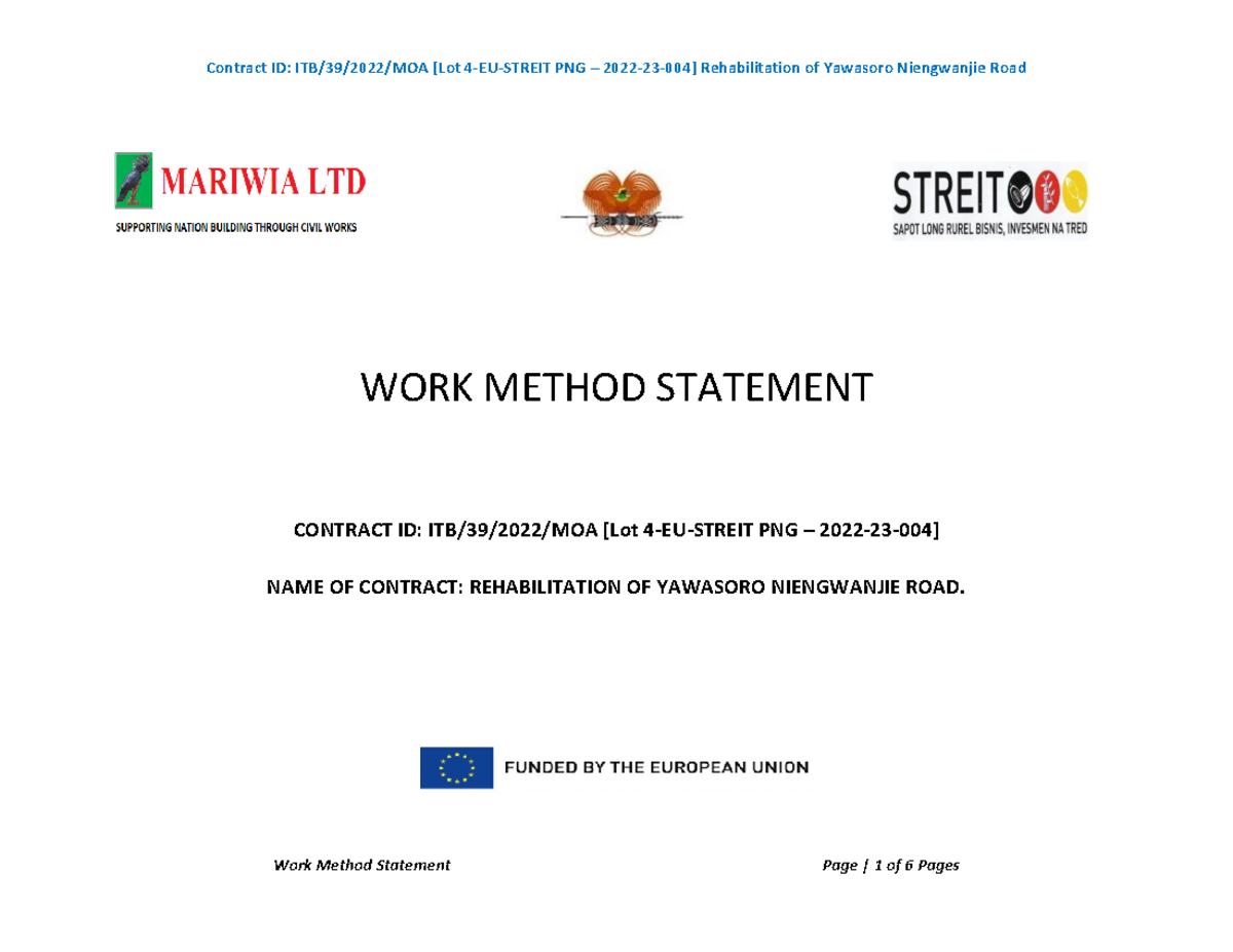 WORK Method Statement - WORK METHOD STATEMENT CONTRACT ID: ITB/39/2022 ...