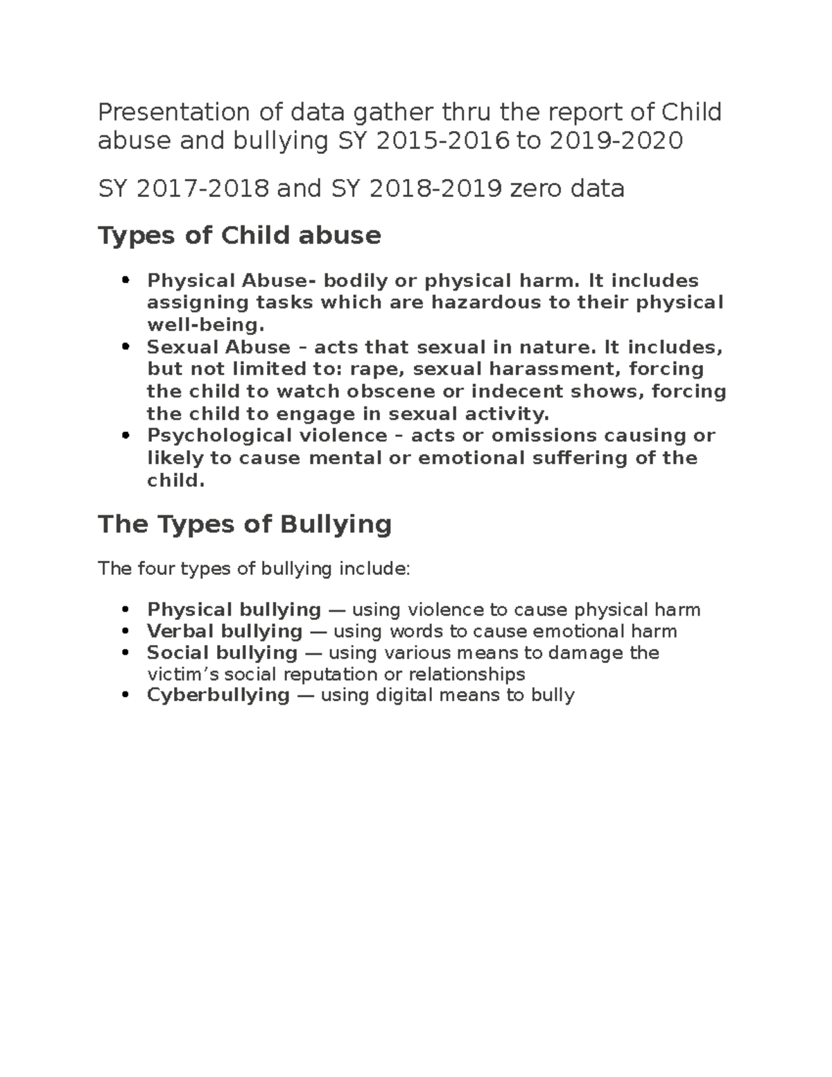 Types of Child abuse - Presentation of data gather thru the report of ...