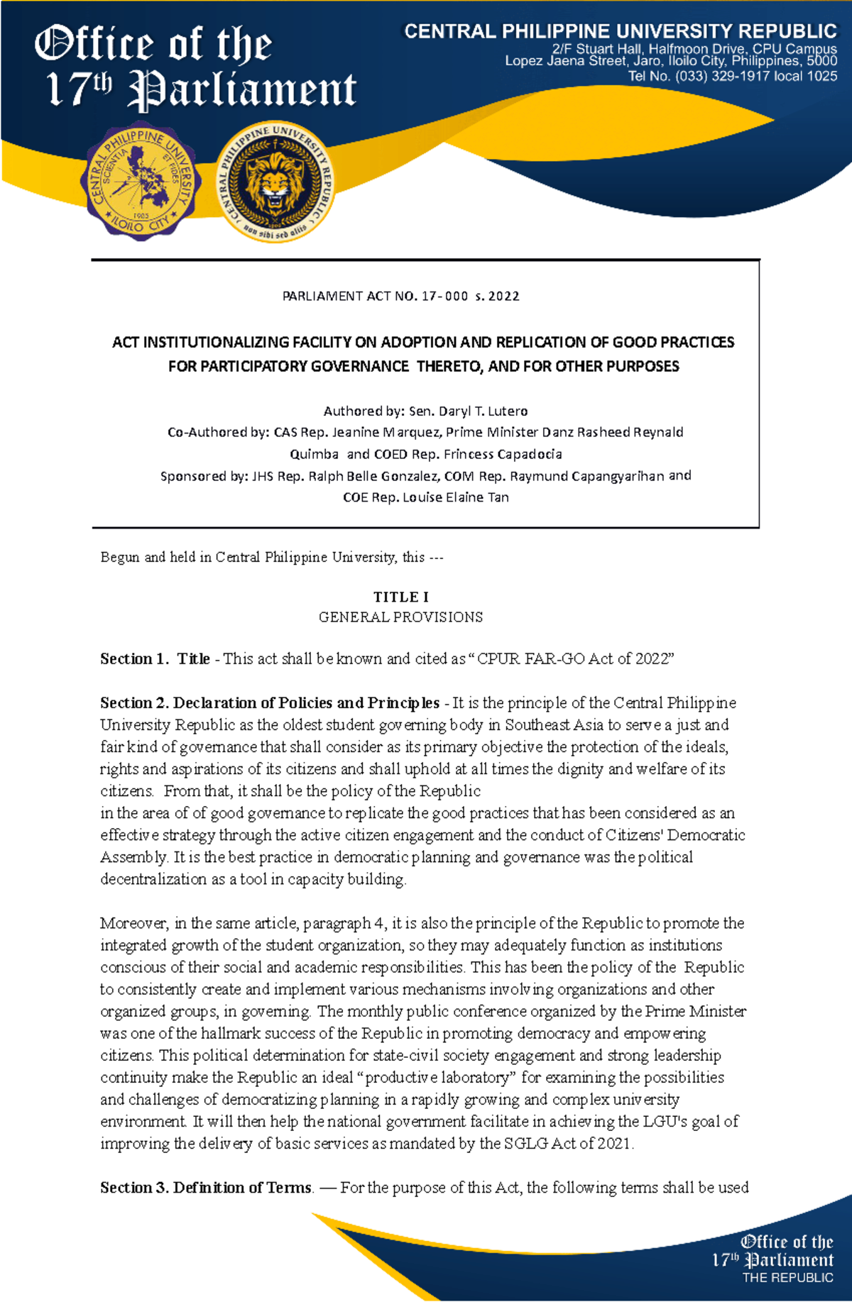 CPUR Parliament Bill - FOR-GO-BILL - PARLIAMENT ACT NO. 17- 000 s. 2022 ...