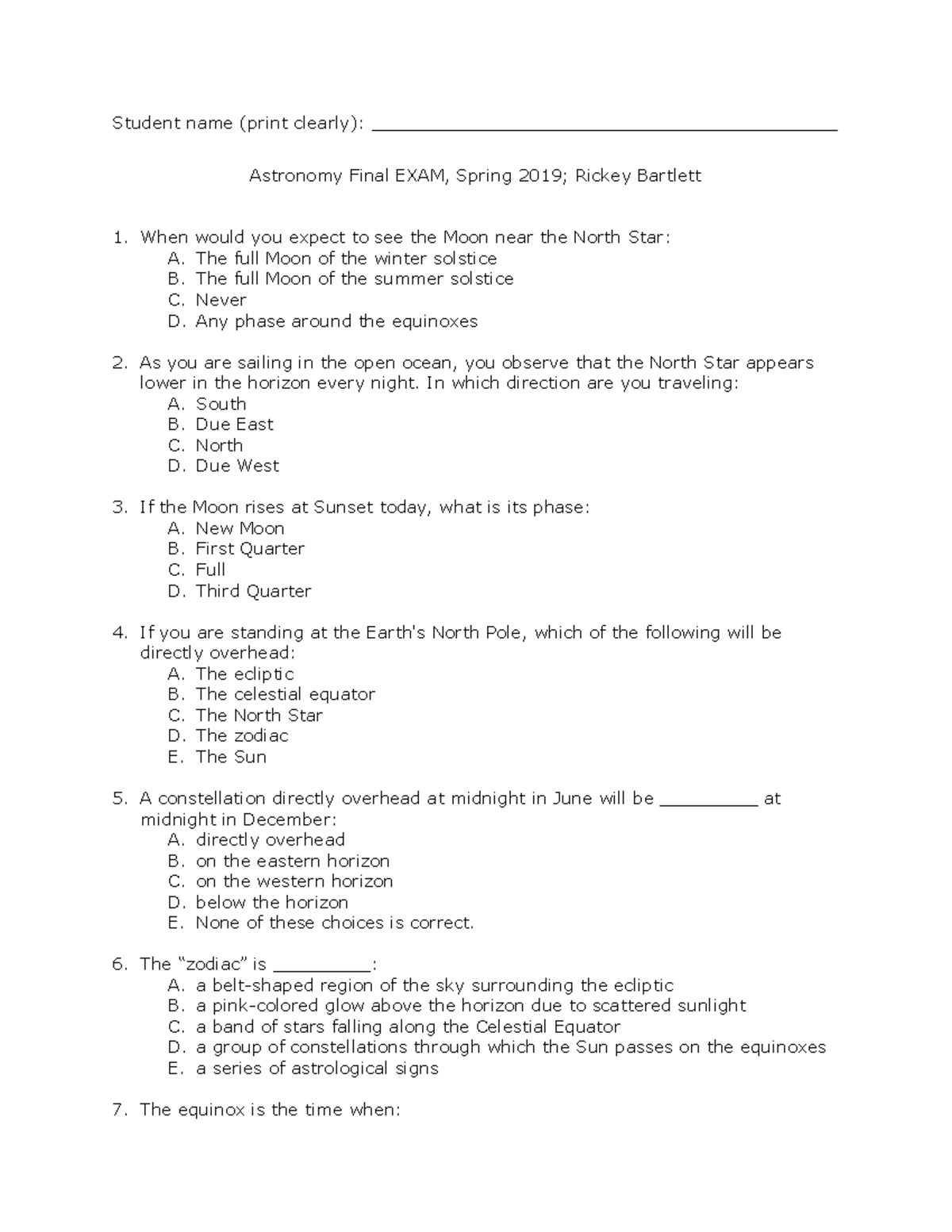 Astronomy spring 2019 Final Exam - Student name (print clearly): - Studocu