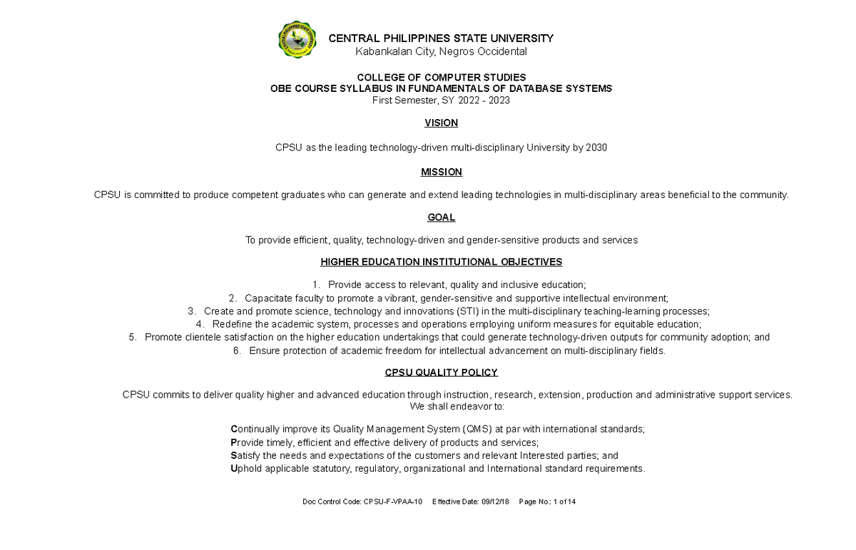 Fundamentals of Database System - Syllabus - COLLEGE OF COMPUTER ...