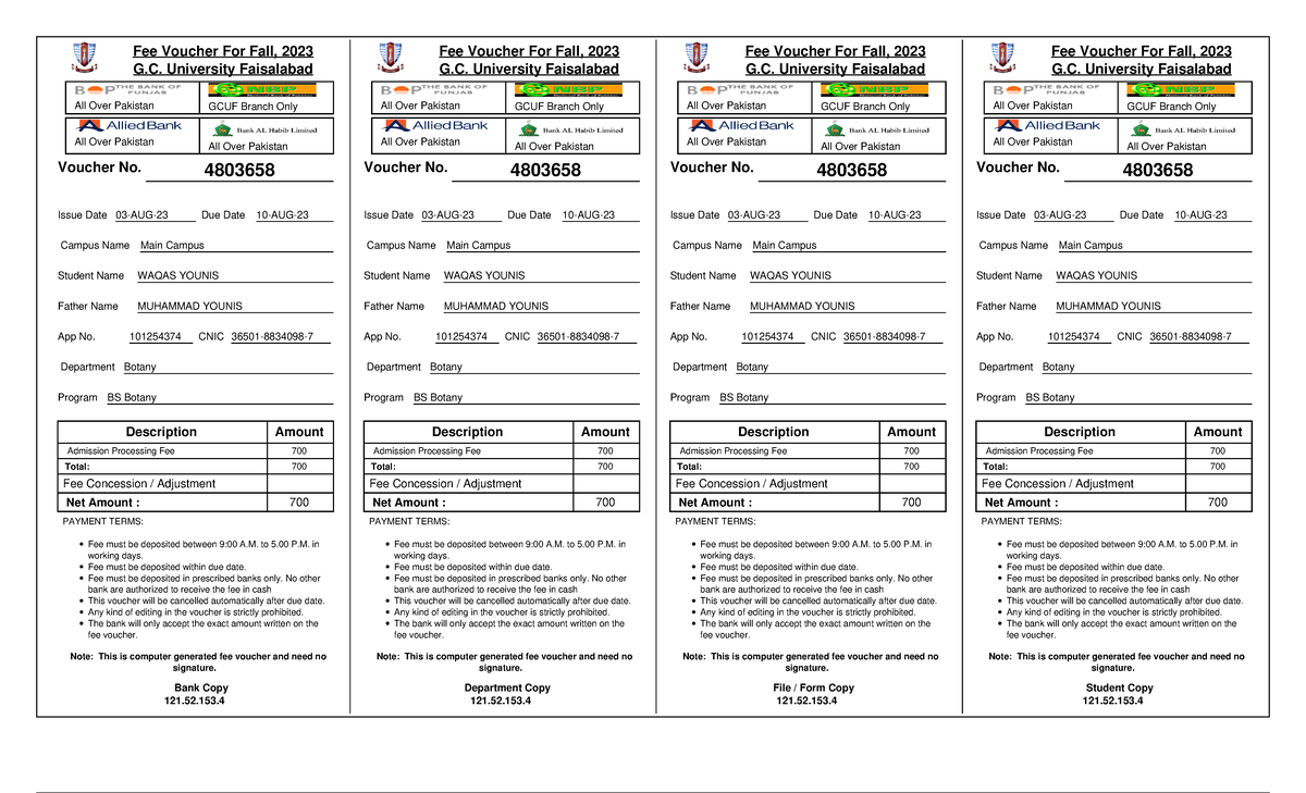 Bs botany - bs botony - Fee Voucher For Fall, 2023 G. University Faisalabad All Over Pakistan ...
