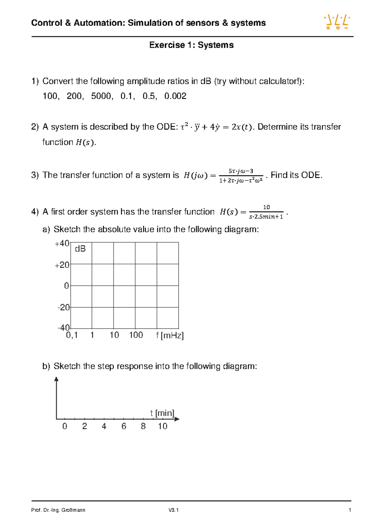 Exercise 1 - Control & Automation: Simulation of sensors & systems Prof ...