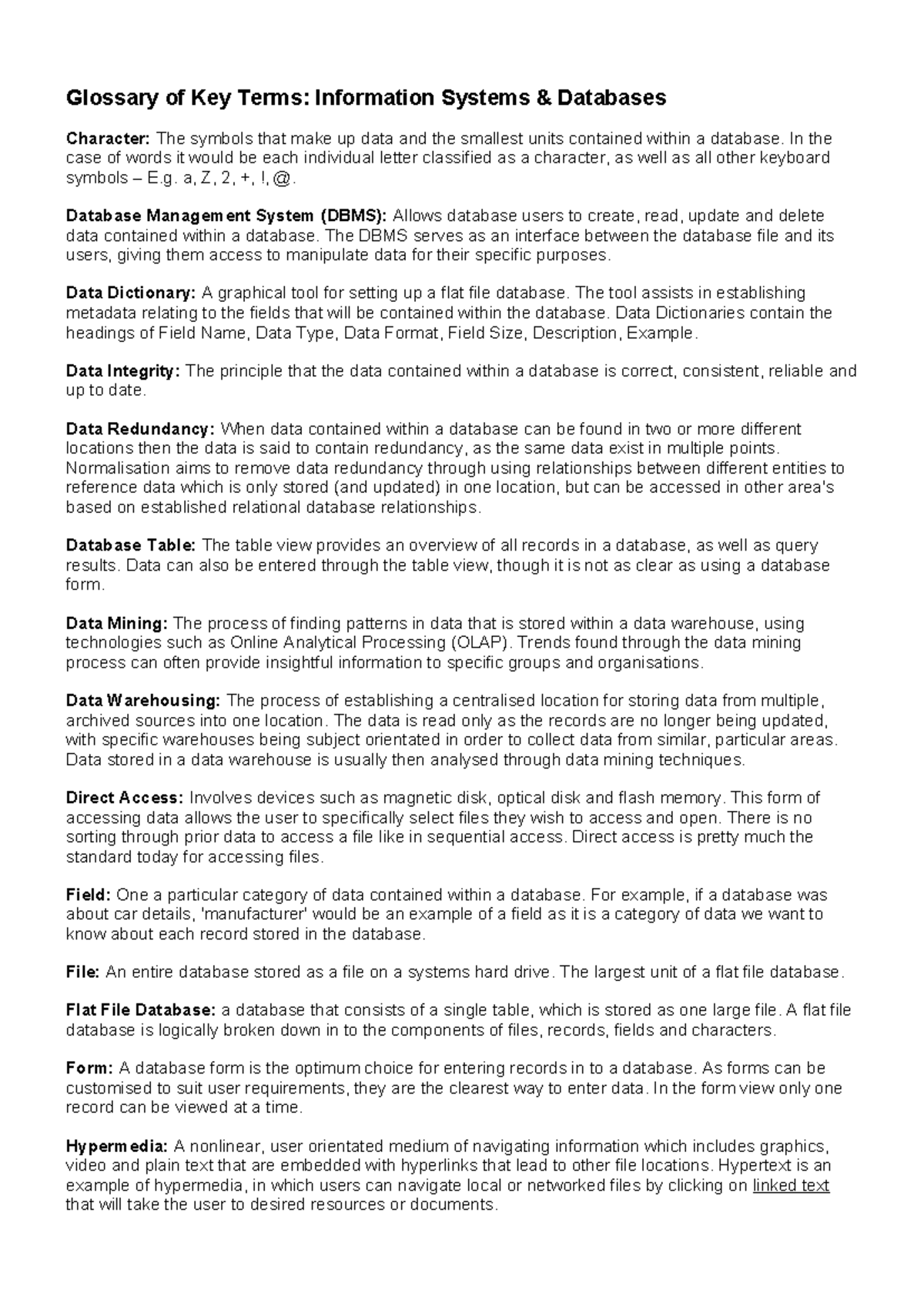Glossary of Key Terms Information Systems & Databases - Glossary of Key ...