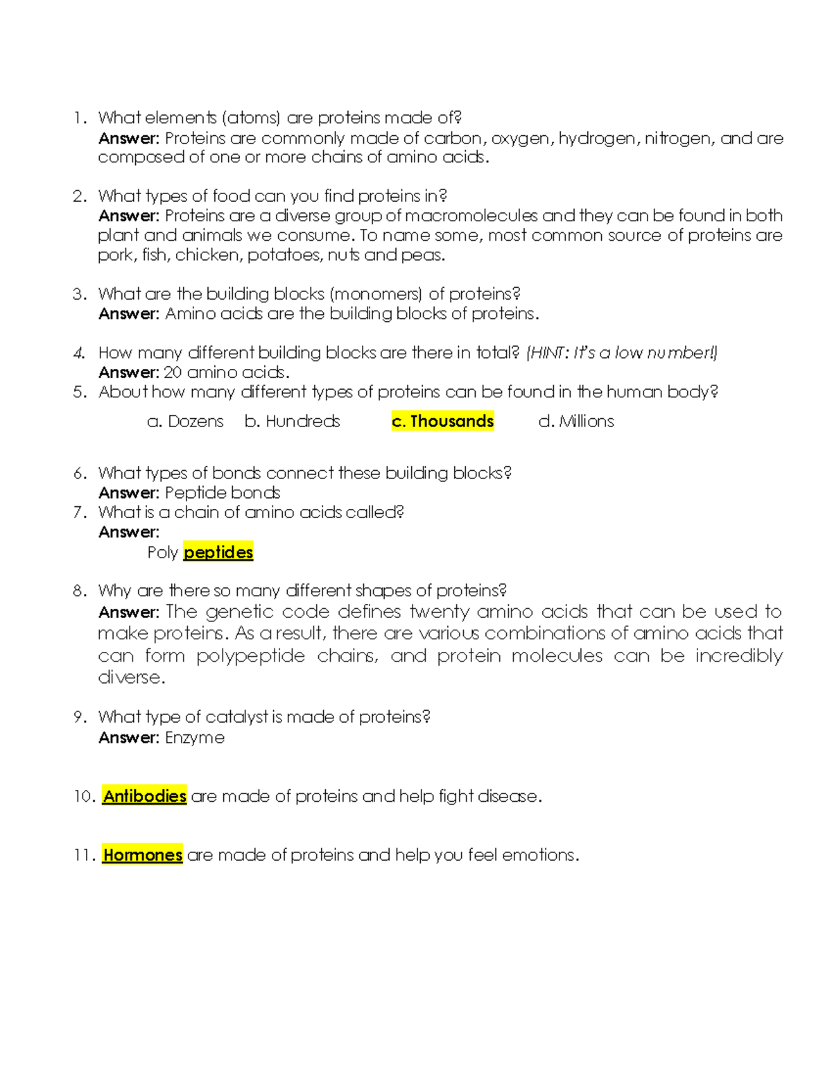 Protein Worksheet - 1. What elements (atoms) are proteins made of ...