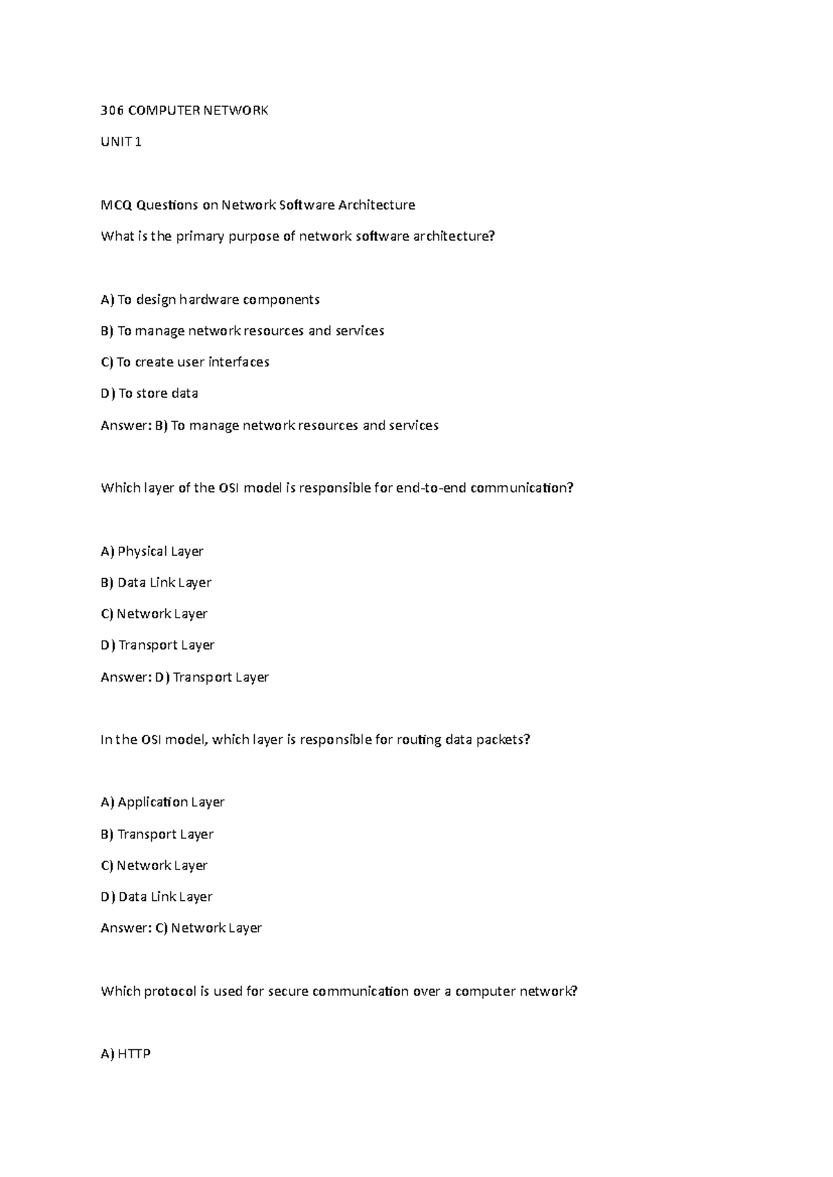 306 Computer Network - Document - 306 COMPUTER NETWORK UNIT 1 MCQ Questions on Network Software ...