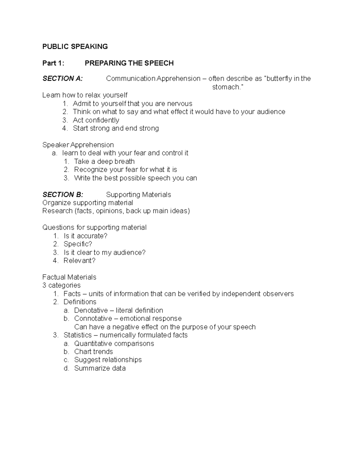 Public Speaking Handout - PUBLIC SPEAKING Part 1: PREPARING THE SPEECH ...