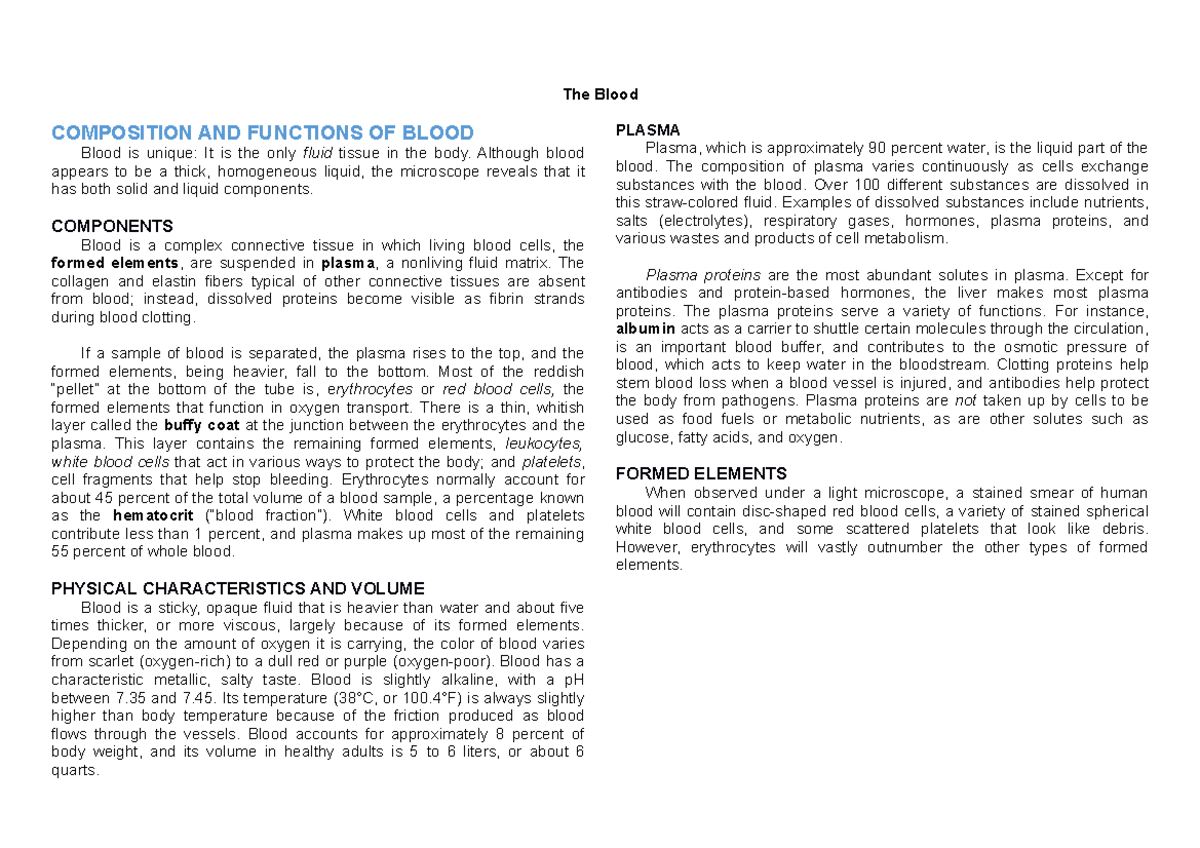 The Blood - Notes - The Blood COMPOSITION AND FUNCTIONS OF BLOOD Blood ...