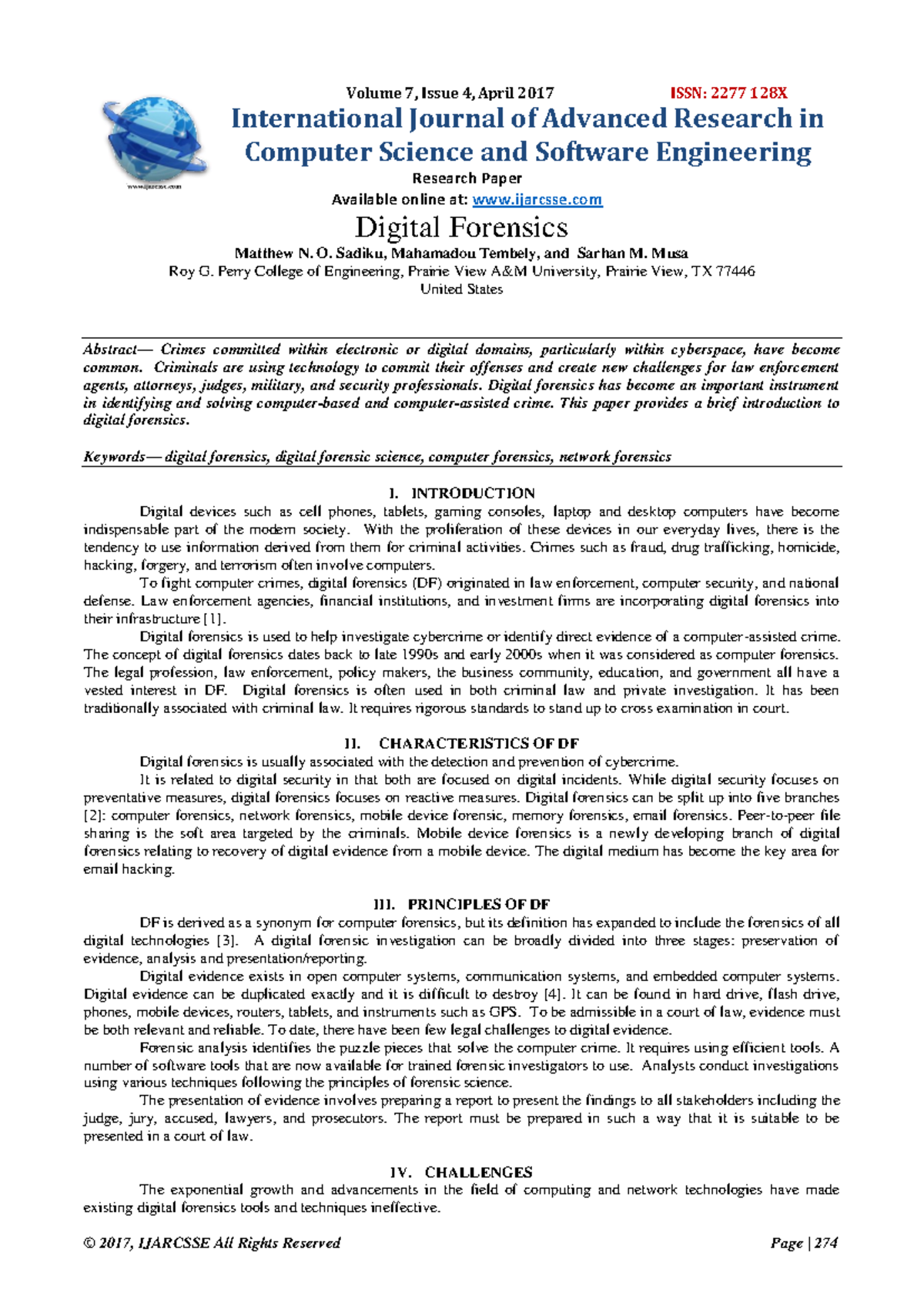 Digital Forensics - © 2017, IJARCSSE All Rights Reserved Page | 274 ...