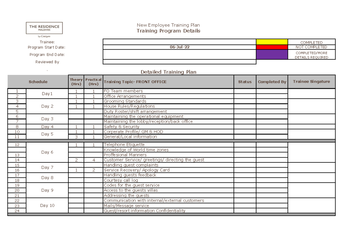 Training Plan - FO New Hire - New Employee Training Plan Training ...