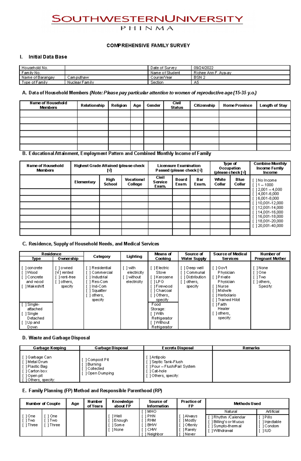 3. Comprehensive Family Survey - COMPREHENSIVE FAMILY SURVEY I. Initial ...