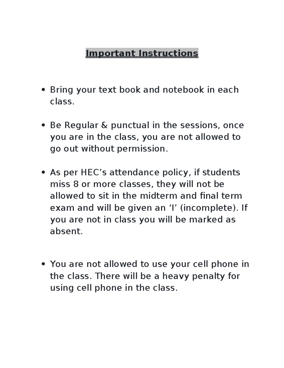 352 8349 174237 - Class rules - Important Instructions Bring your text ...