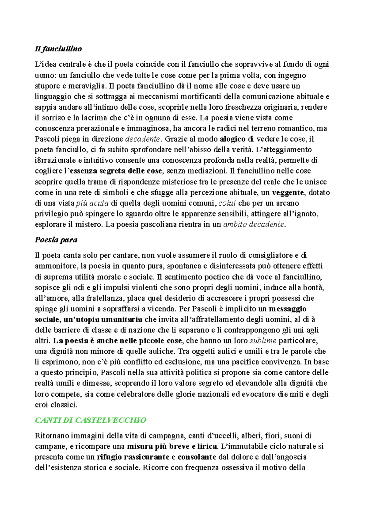 Giovanni Pascoli - il fanciullino, sintesi di canti di castel vecchio ...