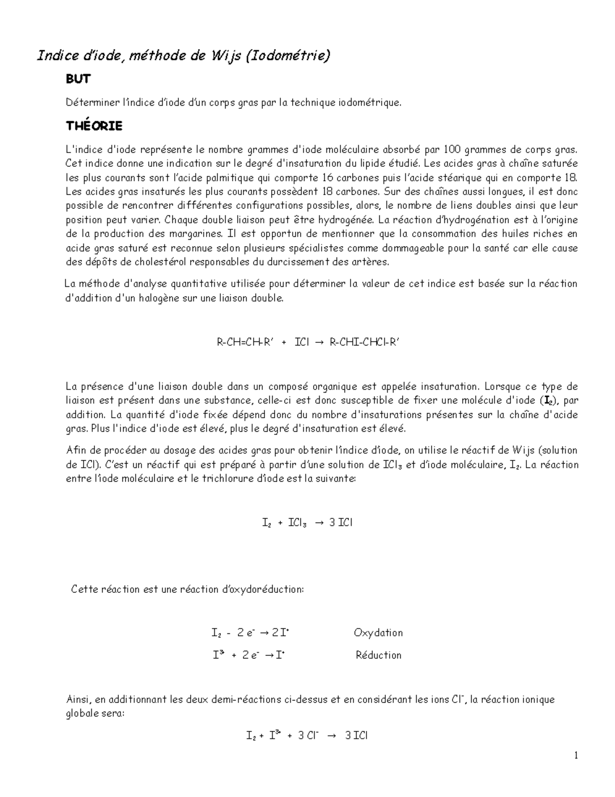 Indice d iode - Indice d’iode, méthode de Wijs (Iodométrie) BUT ...