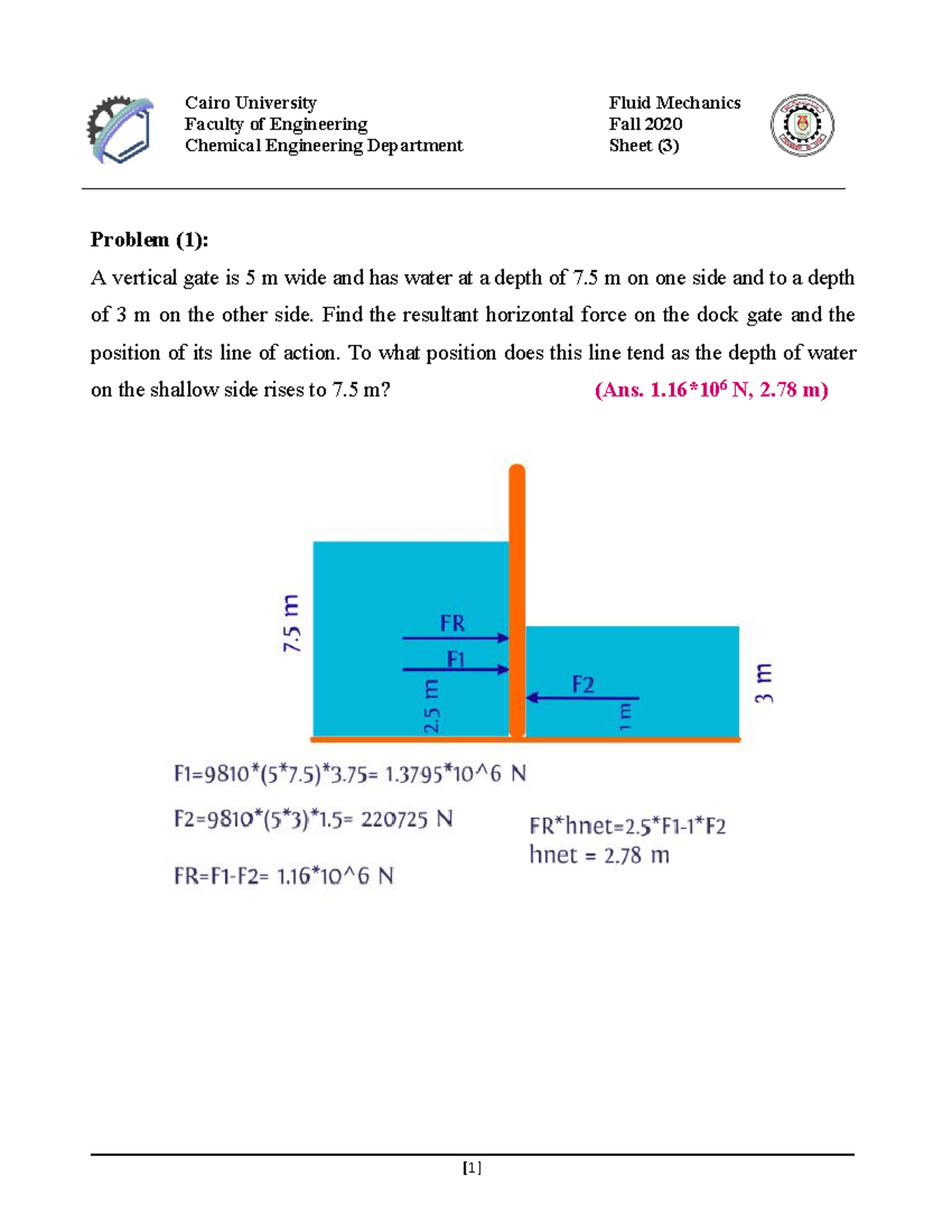 Sheet 3 - Forces on Submerged Surfaces - Answer - Cairo University ...