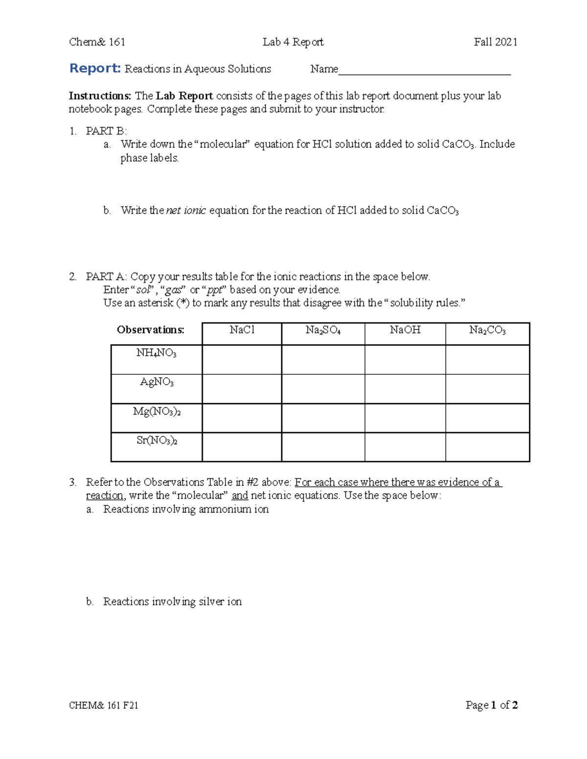 161 F21 Report Lab 4 Rxs in Aq Soln - Chem& 161 Lab 4 Report Fall 2021 ...