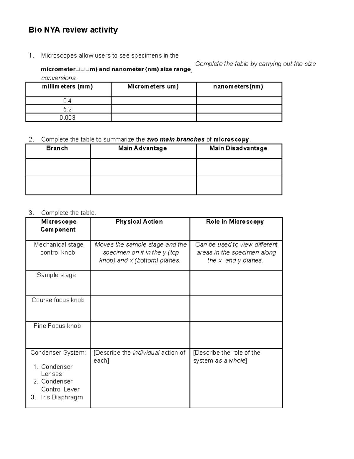 Review Activity - Exercise - Bio NYA review activity Microscopes allow ...