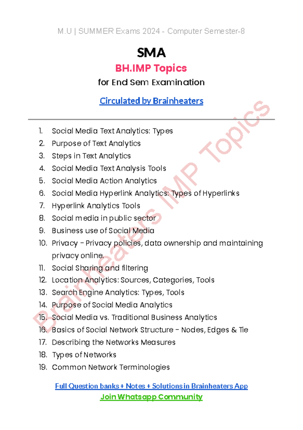SMA Comps Sem8 IMP Topics - Brainheaters IMP Topics M | SUMMER Exams 2024 - Computer Semester ...