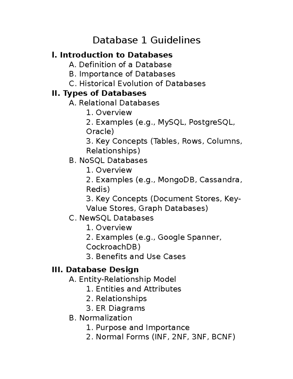Database 1 Guidelines - Database 1 Guidelines l. Introduction to Databases A. Definition of a ...