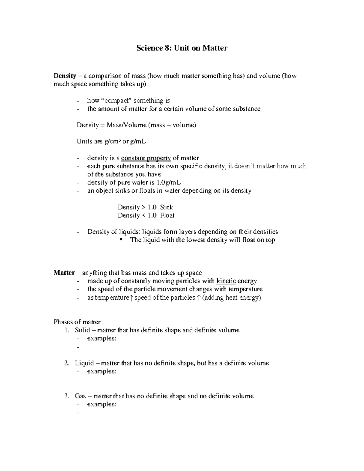 Matter Unit notes - additional information is needed - Science 8: Unit ...