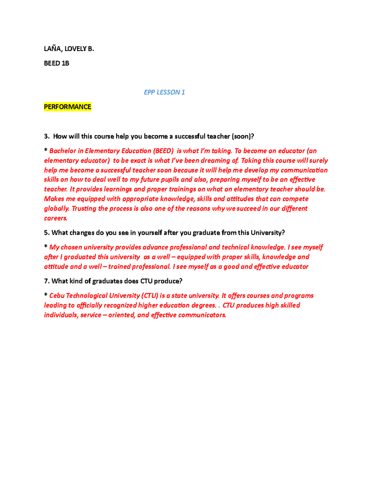 LAÑA- Lovely-B - FILE - LAÑA, LOVELY B. BEED 1B EPP LESSON 1 PERFORMANCE How will this course ...